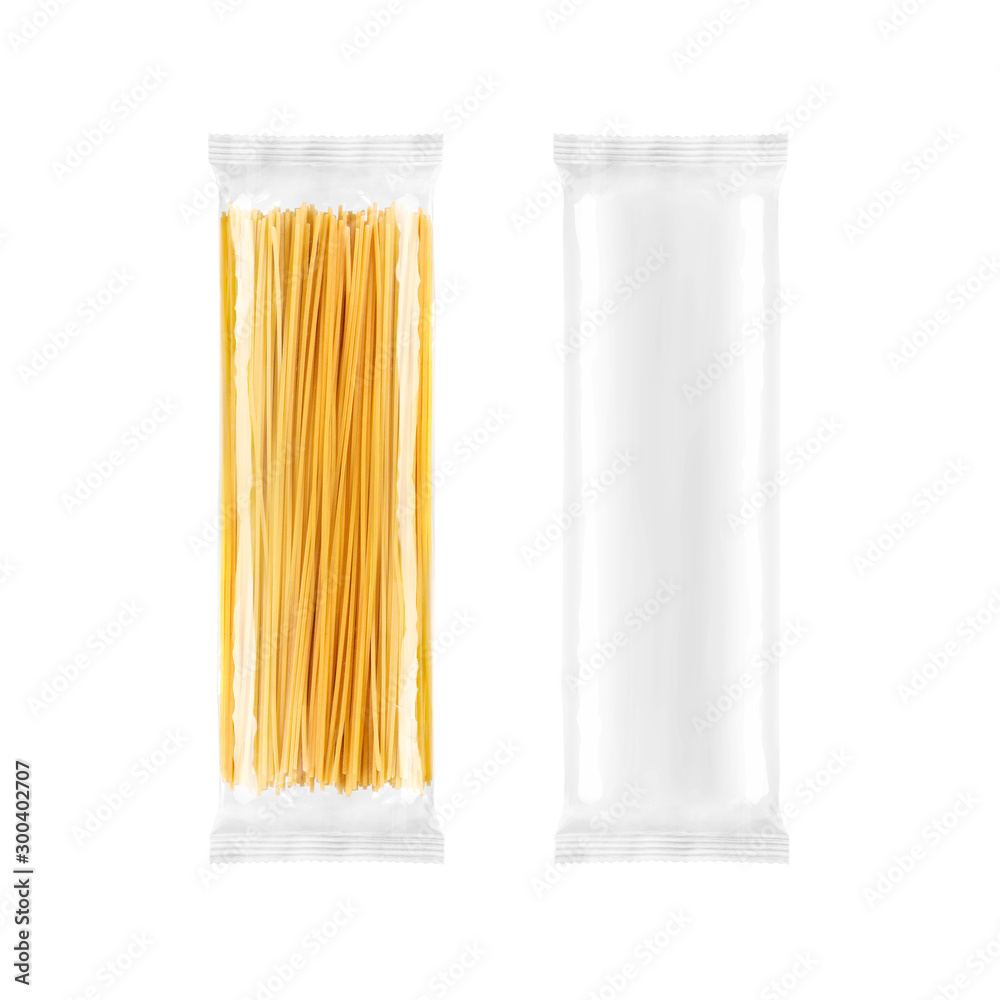 Spaghetti pasta transparent plastic bag package, isolated on white ...