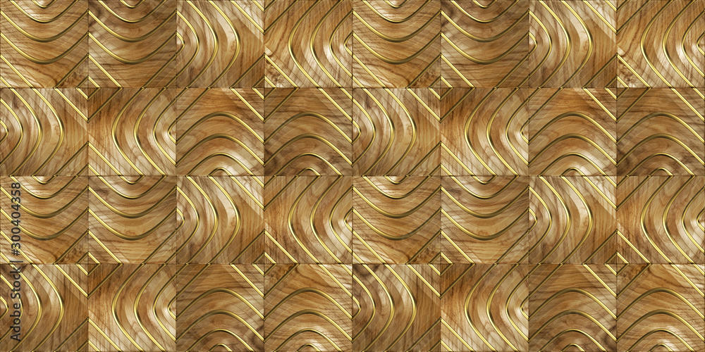 3D wallpaper of 3D tiles wood squares with golden metal decor elements ...