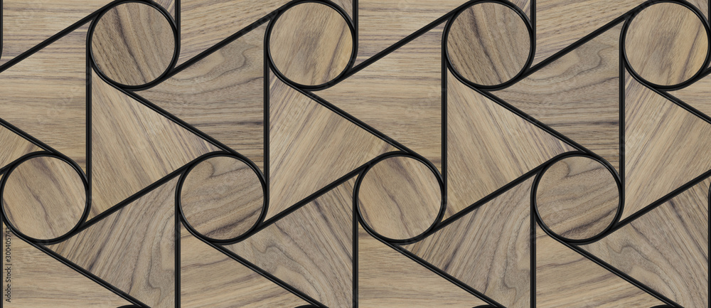 3D wallpaper of eco wood triangle tiles with black decor elements. High ...