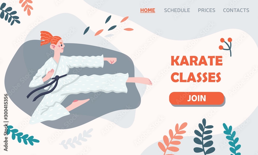 Flat vector illustration of a fighting girl with floral elements ...