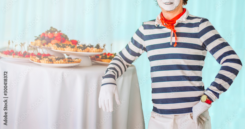 Full length portrait of male MIME artist performing isolated on white ...