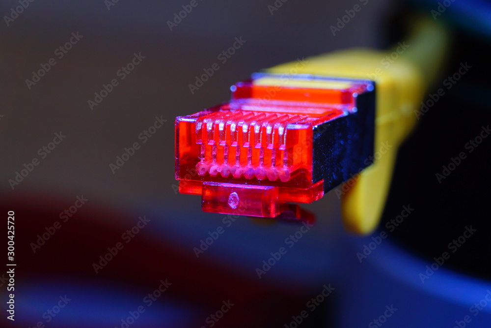 Macro cross section angle view of yellow RJ45 CAT6 shielded network ...