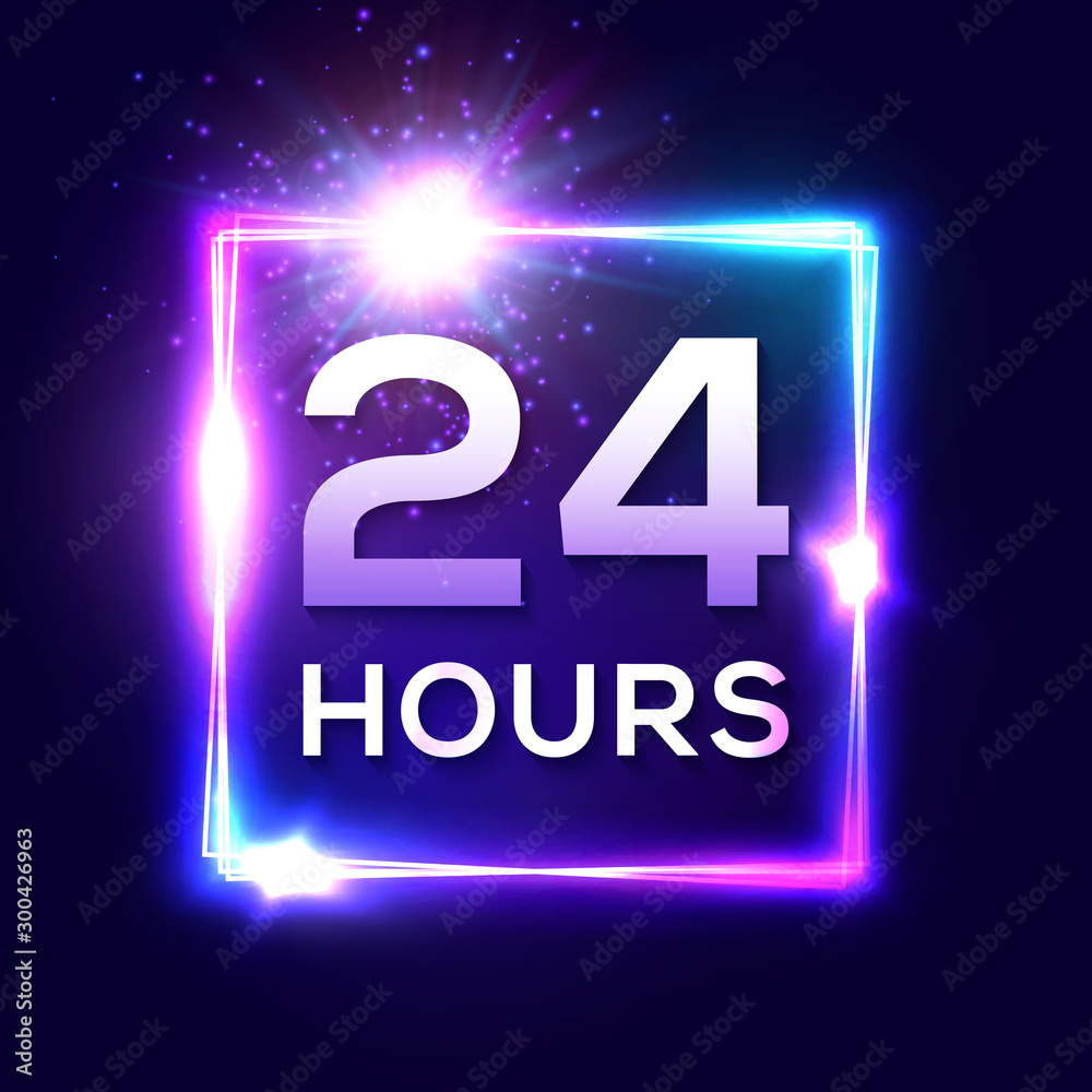 24 hours clock in square glowing electric frame on dark blue neon ...