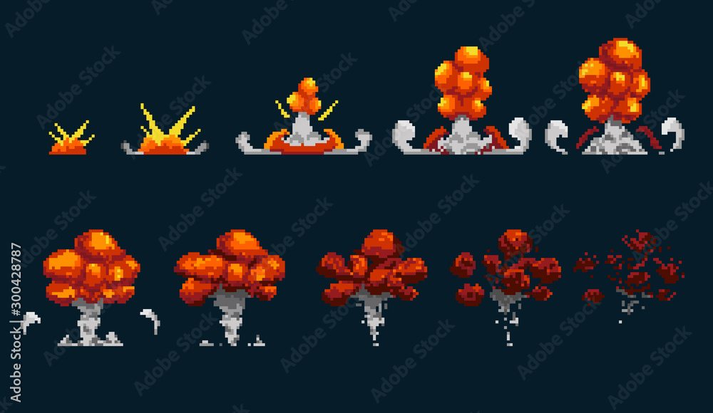 Pixel art explosion. Game icons set. Comic boom flame effects for ...