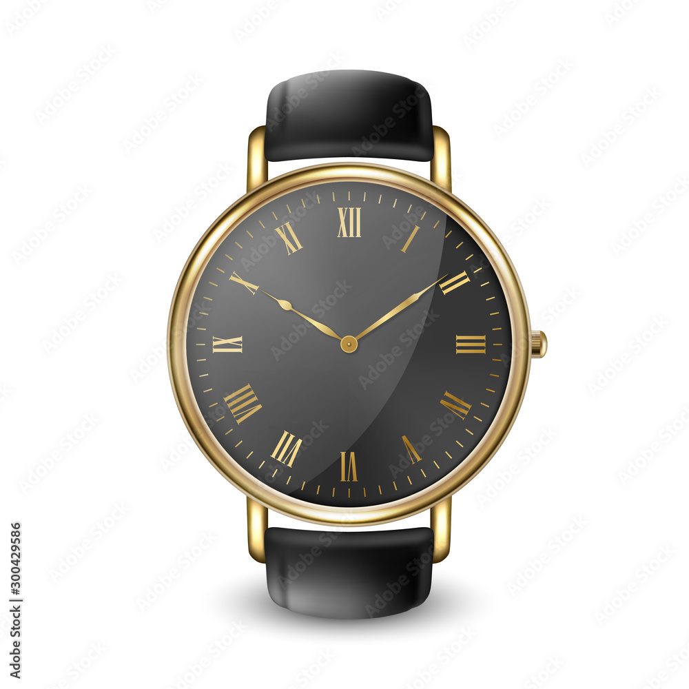 Realistic Golden Classic Vintage Unisex Wrist Watch with Roman Numerals ...