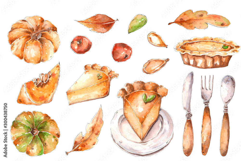 Illustrazione Stock Thanksgiving watercolor set with pumpkins, pie and ...