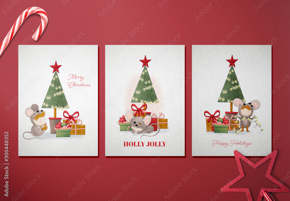 Holiday Card Layout Set with Christmas Character Illustrations Stock ...
