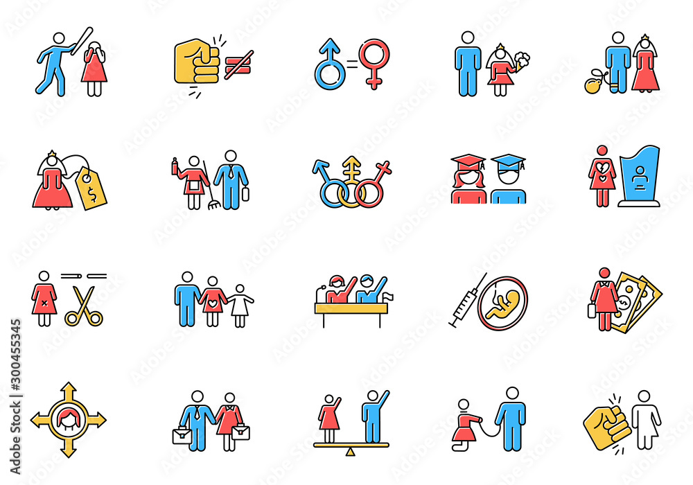 Gender equality color icons set. Woman, man right. Sexual slavery ...