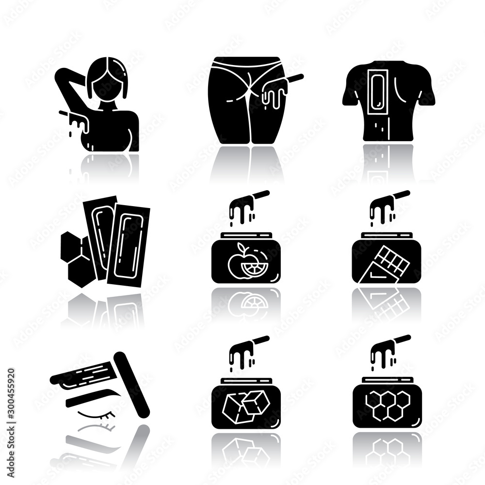Waxing drop shadow black glyph icons set. Armpit, buttocks, back hair ...