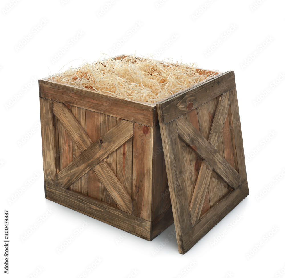 Old open wooden crate with filler and lid isolated on white Stock Photo ...