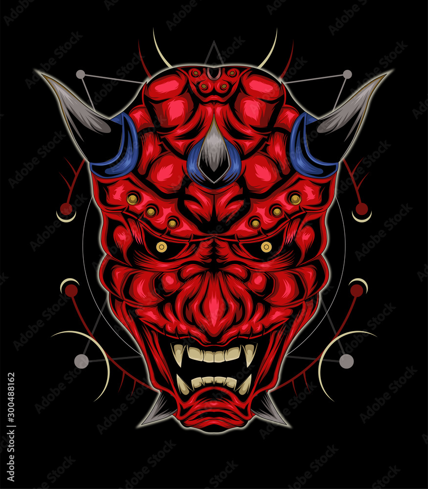 Japanese hannya demon mask.. red devil face illustration. vector head ...