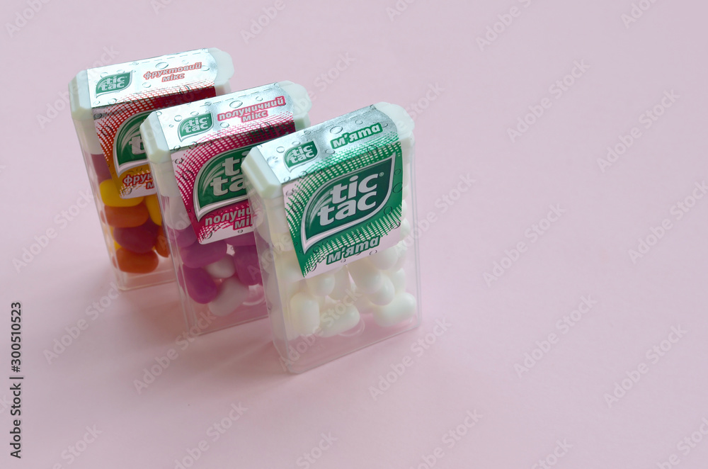Many Tic Tac Candy packages close up. Tic tac is popular due its minty ...