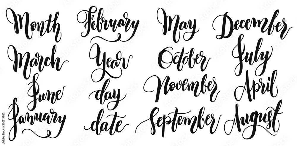 Month name, day and year hand written calligraphy text. Stock Vector ...