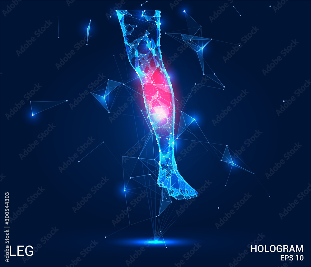 Hologram leg. Leg pain from polygons, triangles of dots and lines. Foot ...