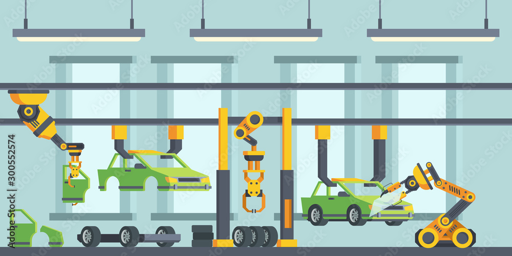 Modern cars manufacturing process flat vector illustration Stock Vector ...