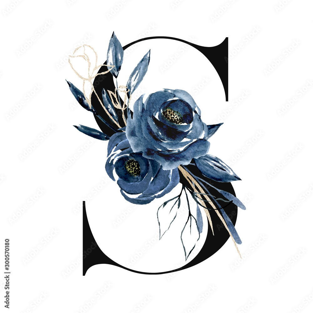 Floral alphabet, letter S with watercolor navy blue flowers and leaf ...