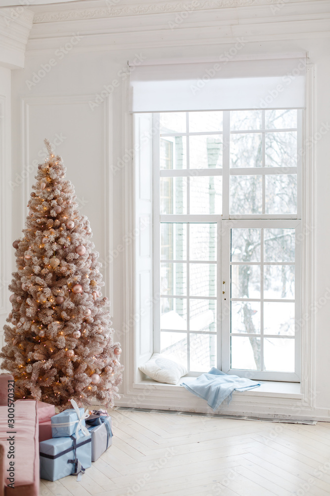 window in a room decorated for celebrating Christmas. Luxury interior ...