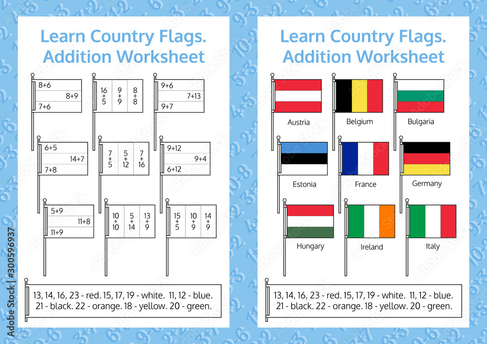 Learn Country Flags. Addition Worksheet. Educational Game. Mathematical Puzzle. Stock Photo ...