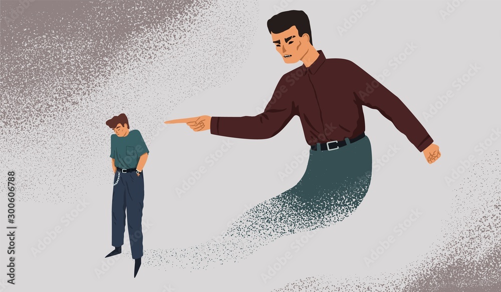 Inner control metaphor vector illustration. Depressed man with guilt ...