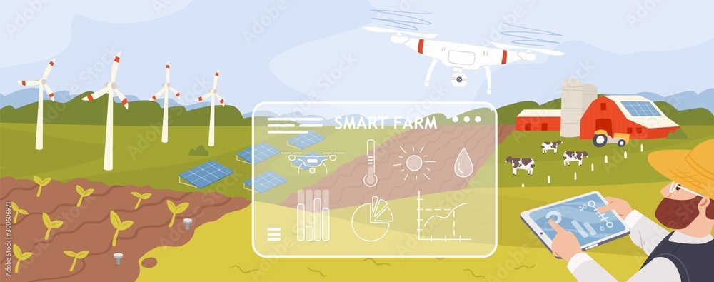 Smart farm flat vector illustration. Innovative approach in ...