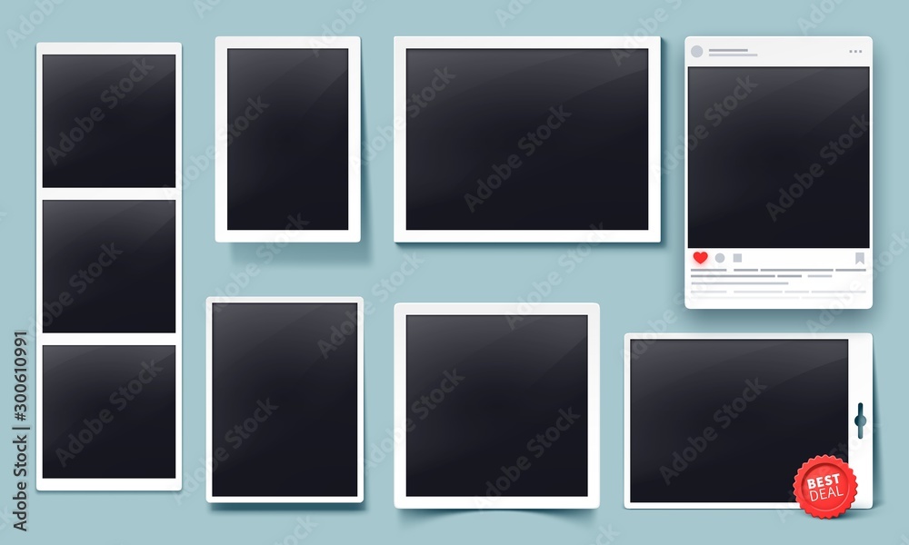 Photo frames with shadows. Social media post mockup, instant photo ...