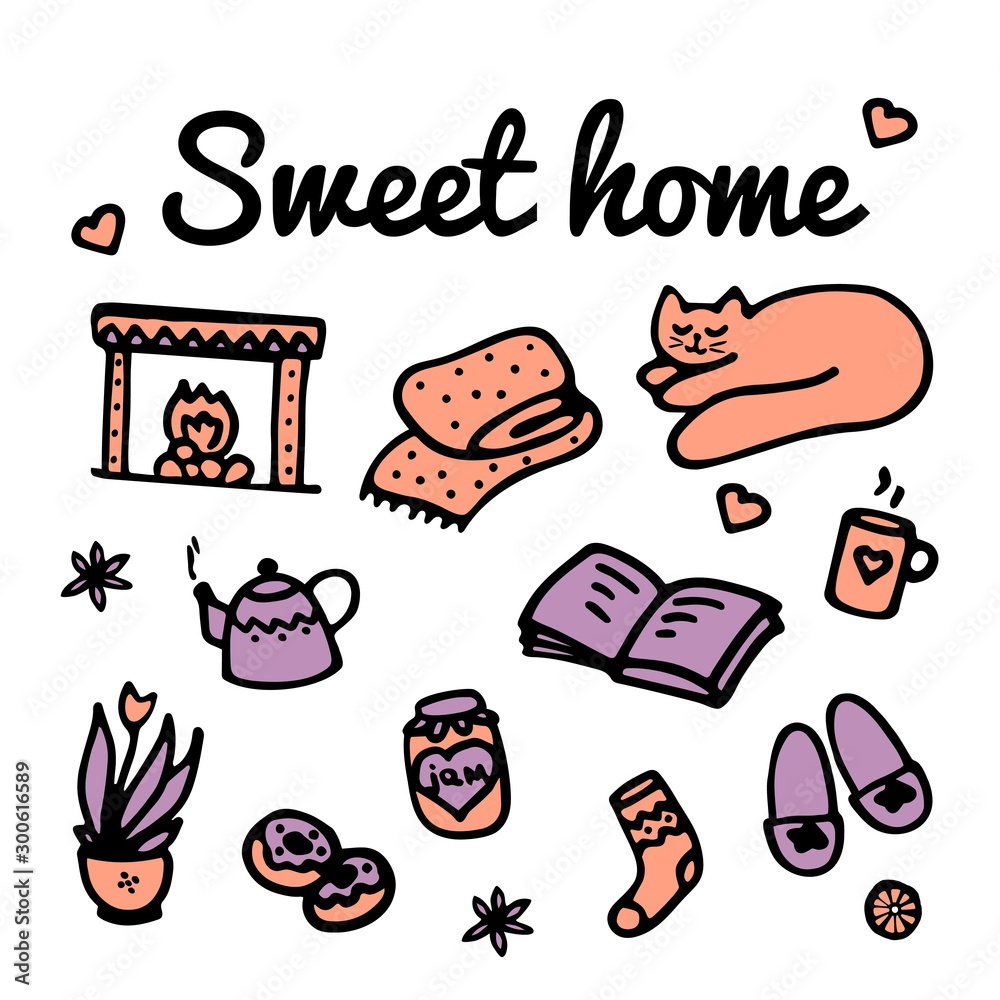 Cozy vibes. Doodle hand drawn symbols. Sweet home phrase Stock Vector ...