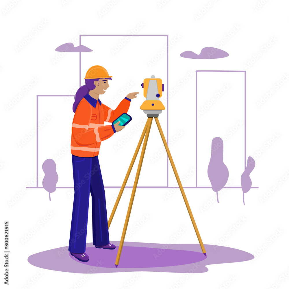 Surveyor woman working with theodolite outdoor on the background trees ...