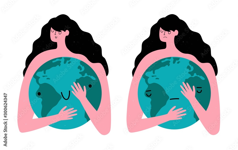 Vector illustration with woman hugging earth planet globe with happy ...