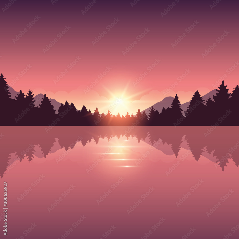 beautiful lake and pine forest nature landscape vector illustration ...