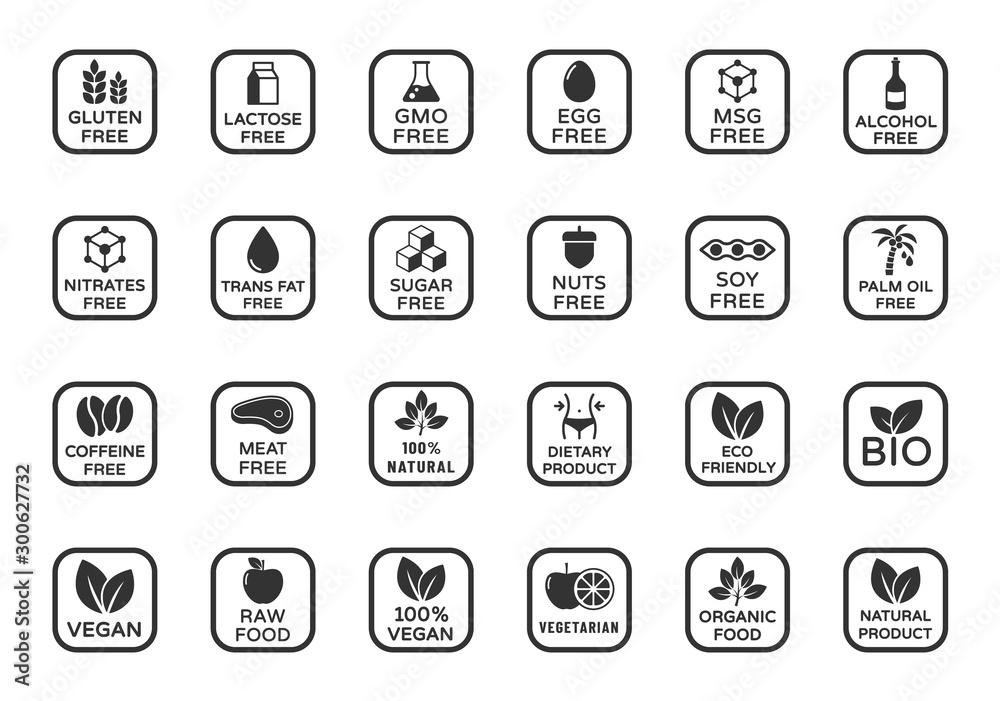 Allergen ingredients vector icons. Product free allergen ingredient ...