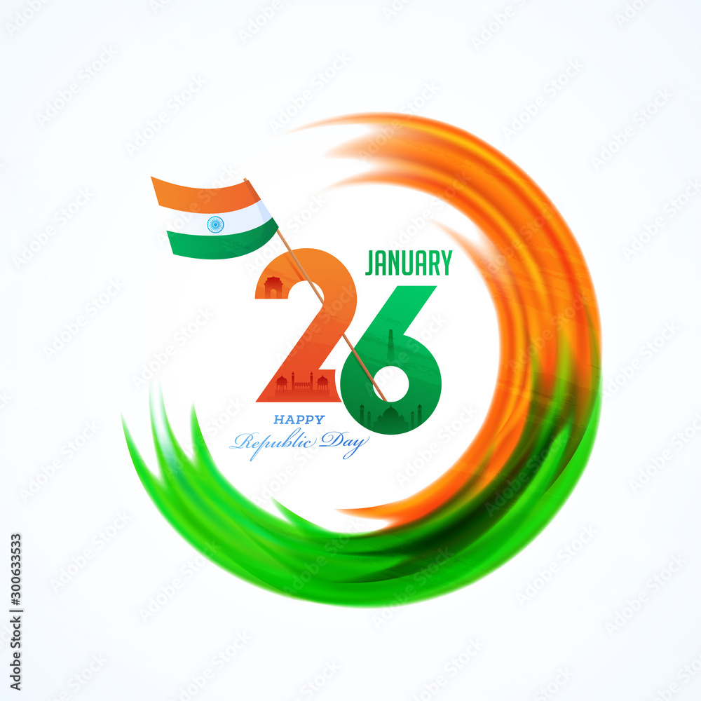 26 January text with India famous monuments and Indian flag on green ...