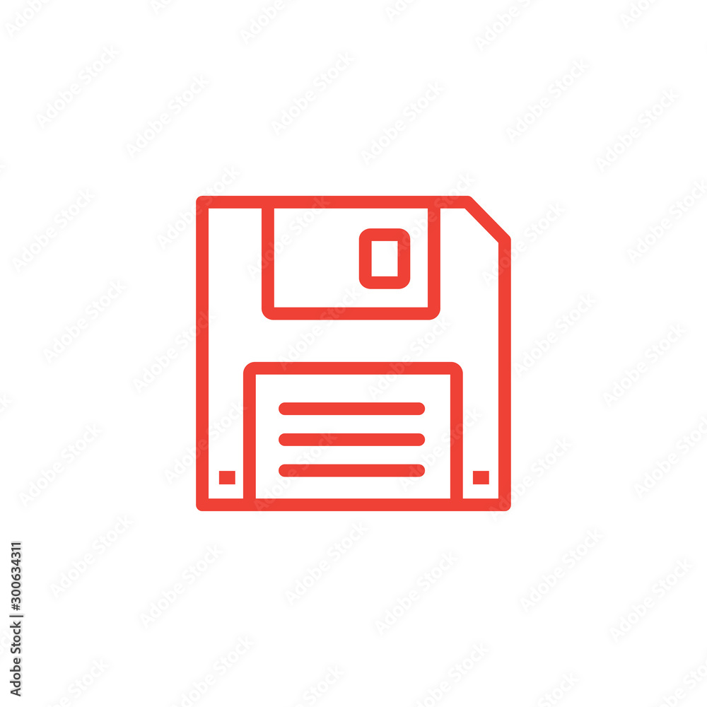 Floppy Disc Line Red Icon On White Background. Red Flat Style Vector ...