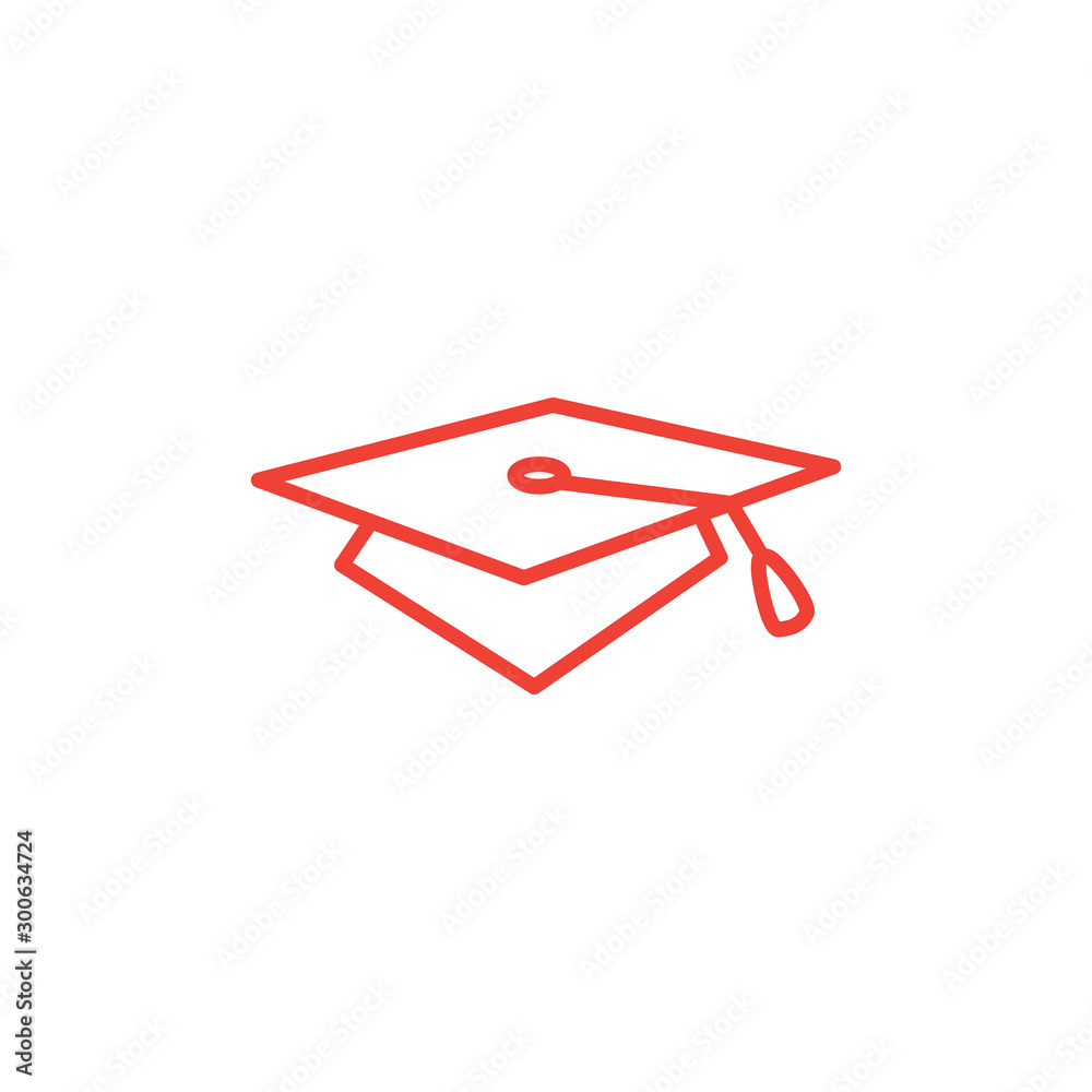 Graduation Hat Line Red Icon On White Background. Red Flat Style Vector ...