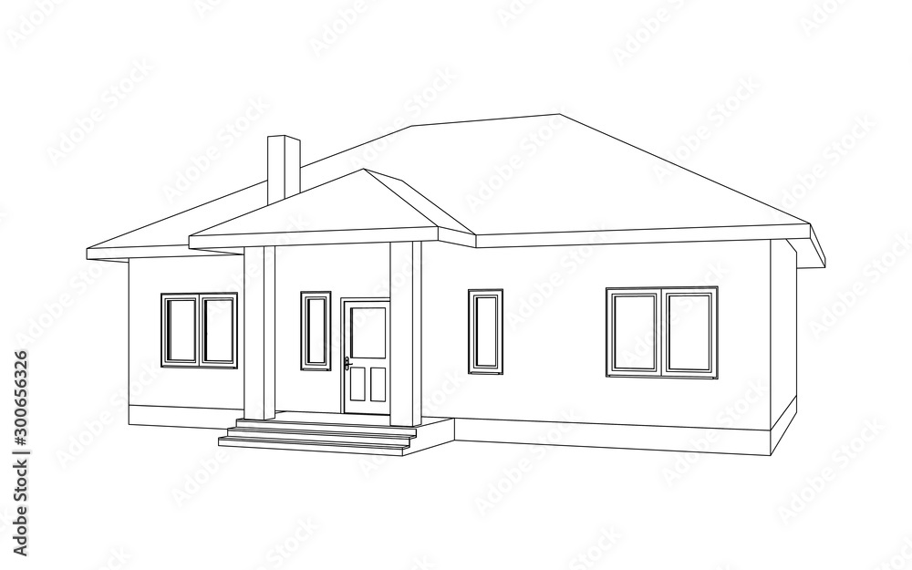 Building perspective 3D. Drawing of the suburban house. Outlines ...