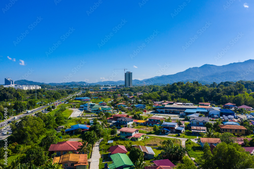 Aerial drone image of beautiful rural town local lifestyle houses ...