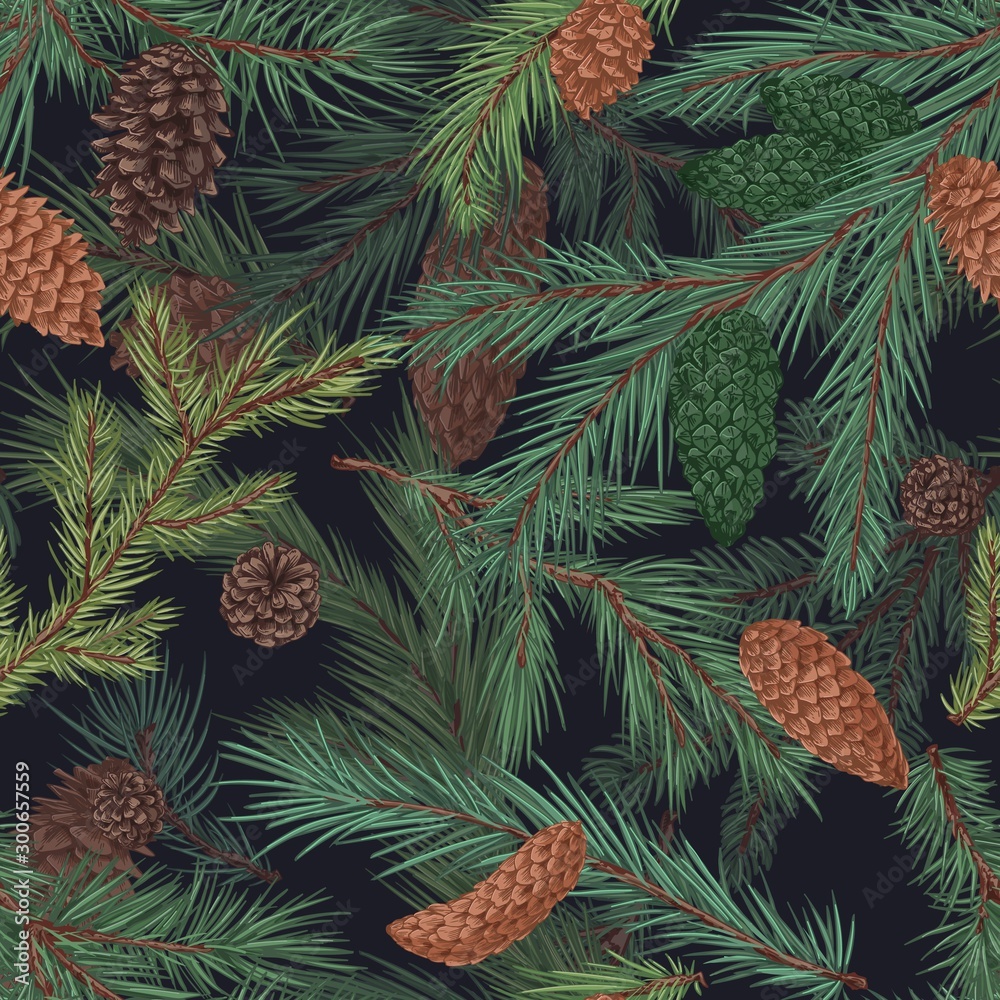 Colorful realistic seamless pattern with conifer branches and cones ...