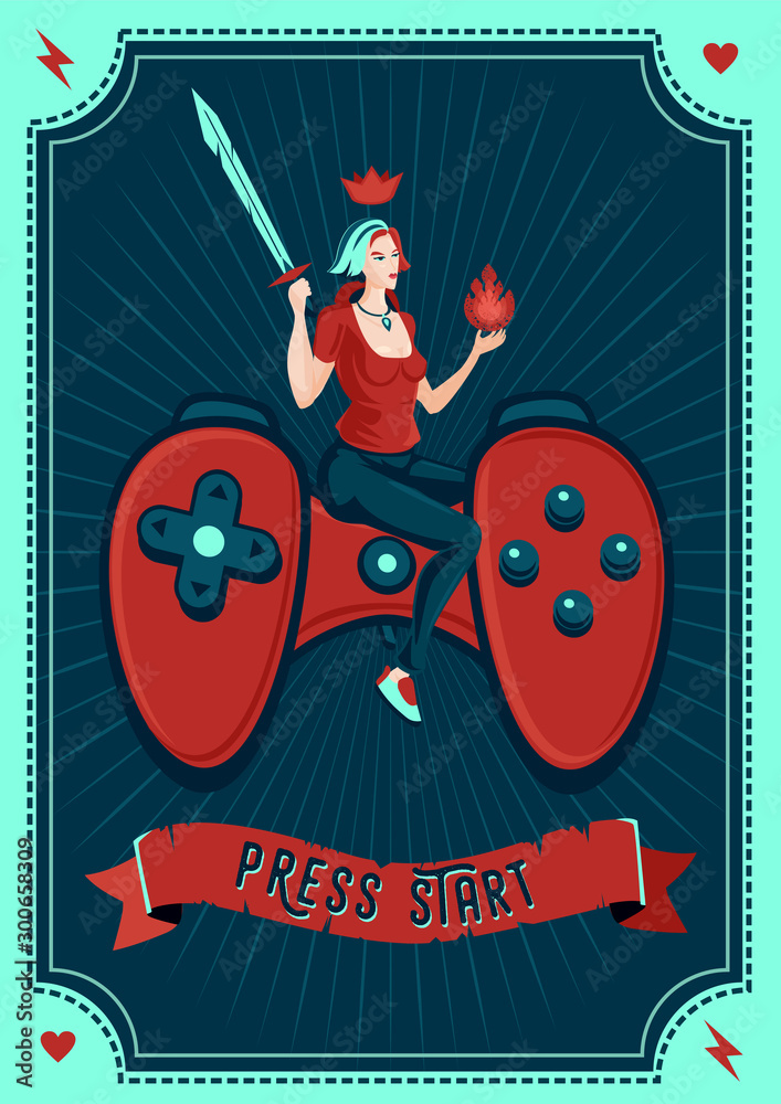 Girl gamer vector poster. Video games illustration with woman and ...