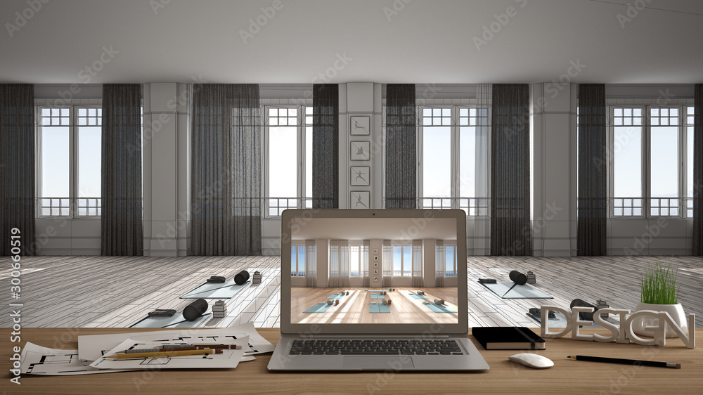 Architect designer desktop concept, laptop on wooden work desk with ...