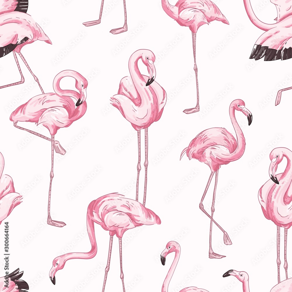 Colorful seamless pattern with pink flamingo. Hand drawn realistic ...
