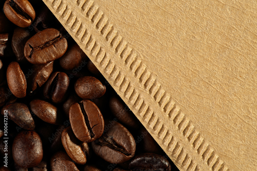 Extreme close up of texture of freshly roasted coffee beans and coffee ...