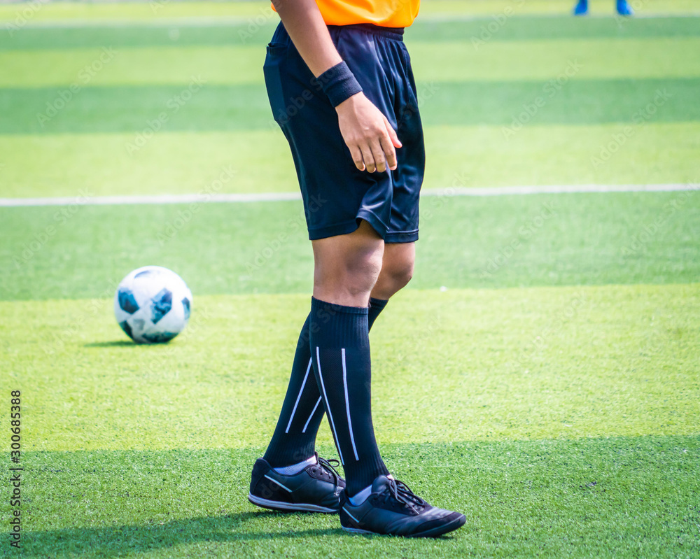 Soccer football referee leg and foot on a soccer competition field ...