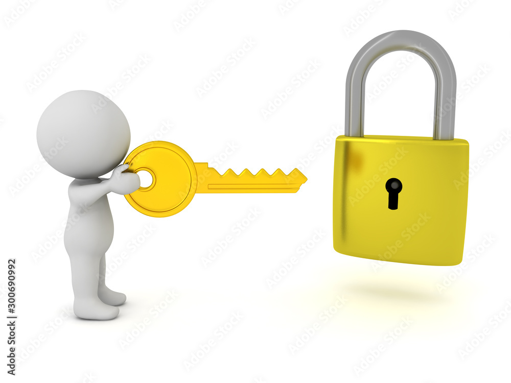 3D Character using a golden key to open a lock Stock Illustration ...