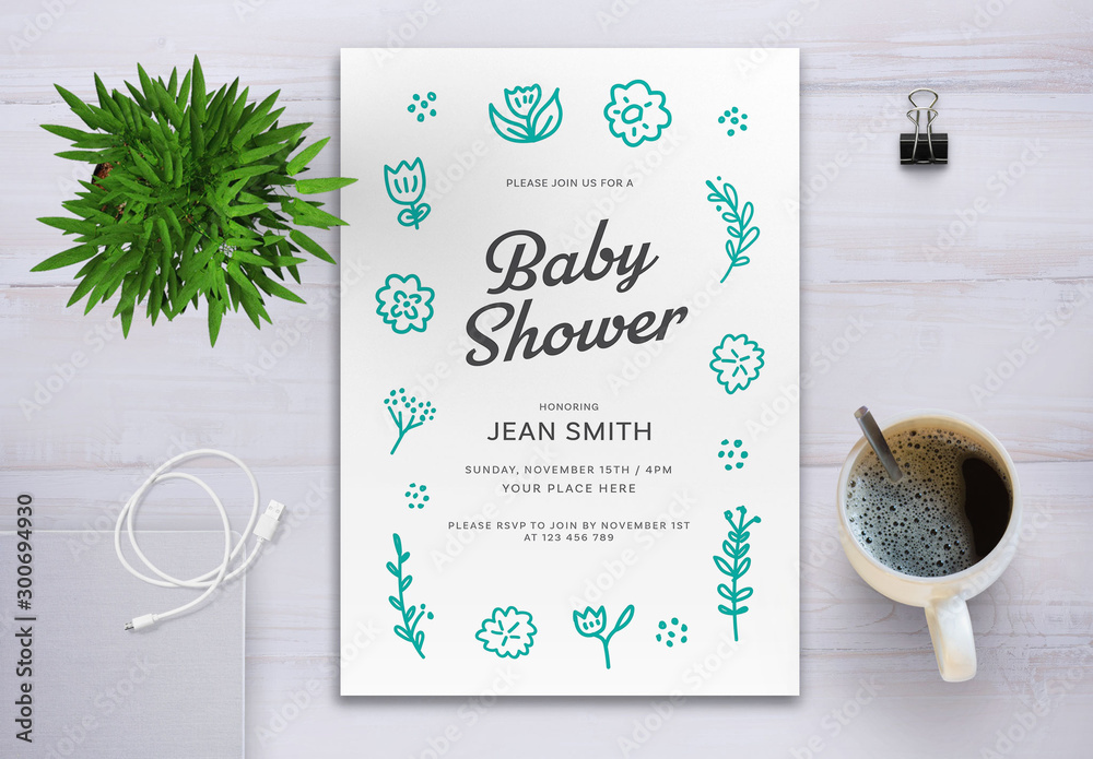 Baby Shower Flyer Layout with Blue Elements Stock Template | Adobe Stock