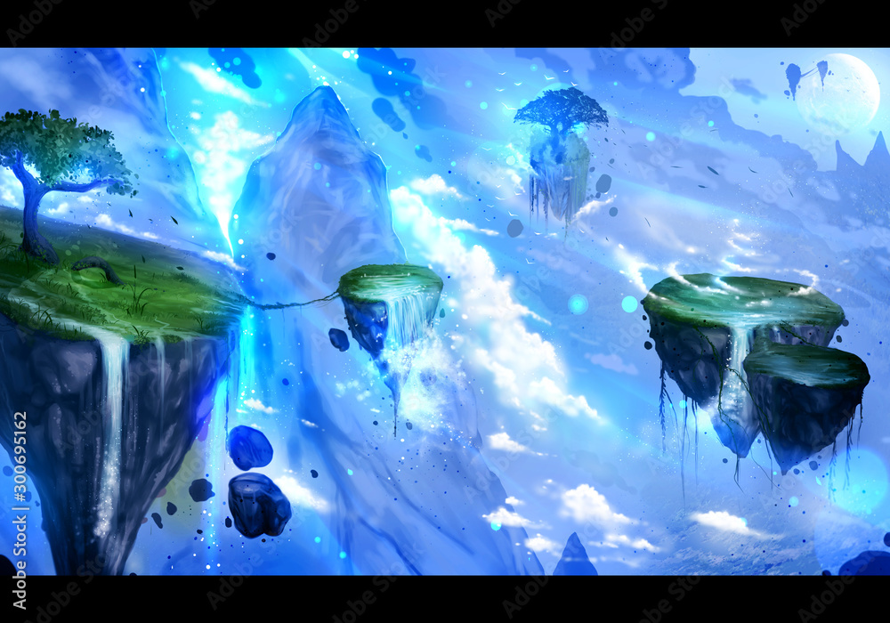 Artistic illustration of a floating lands in fantasy world Stock ...