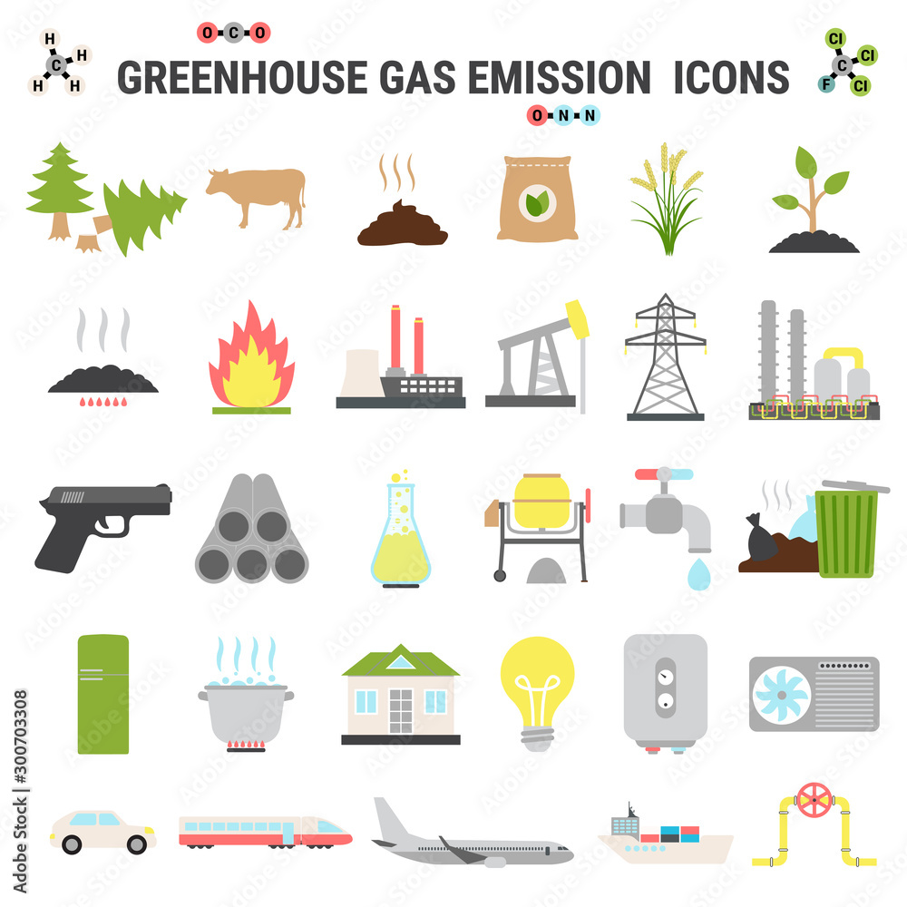 Icons of global greenhouse gases emission by economic sector Stock ...