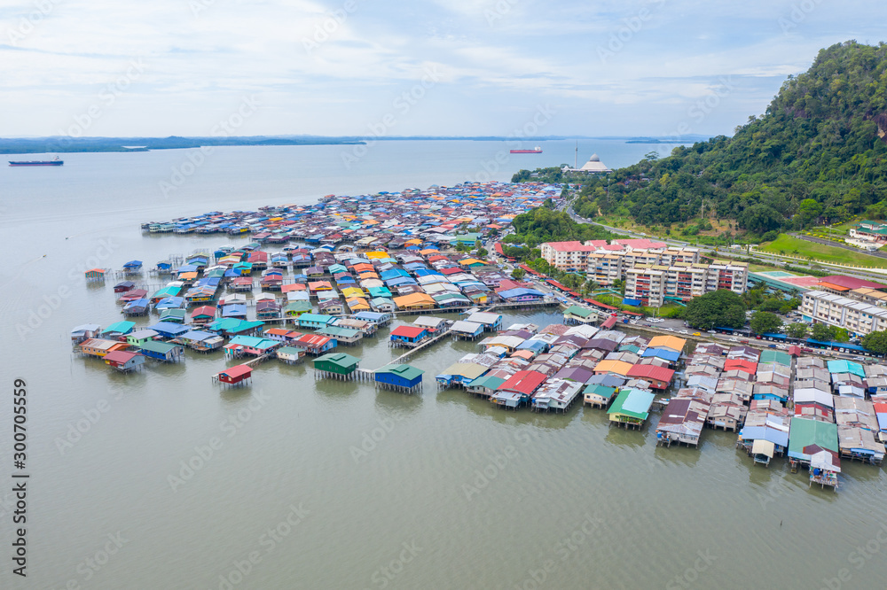 An aerial image of local water village houses at Kg. Sim Sim water ...