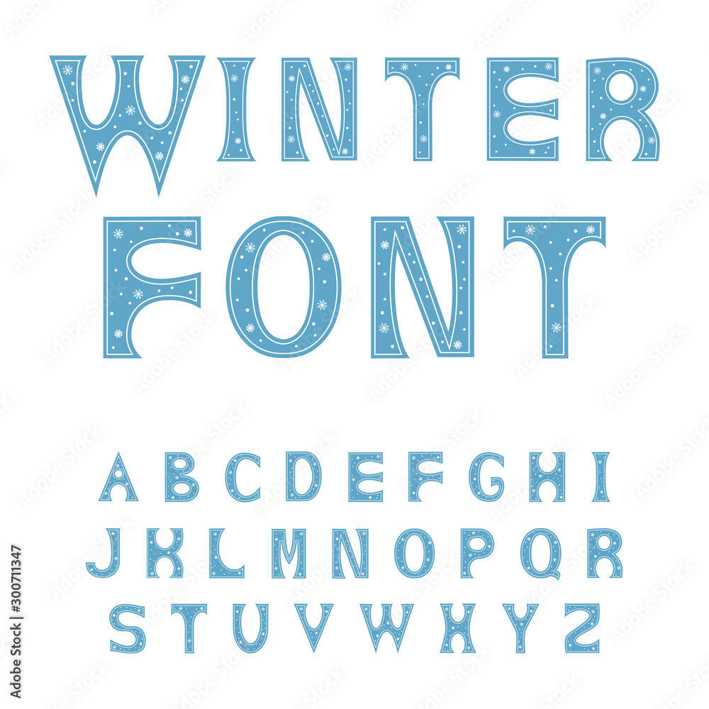 Alphabet letters. Font for winter alphabet decorated with snowflakes ...