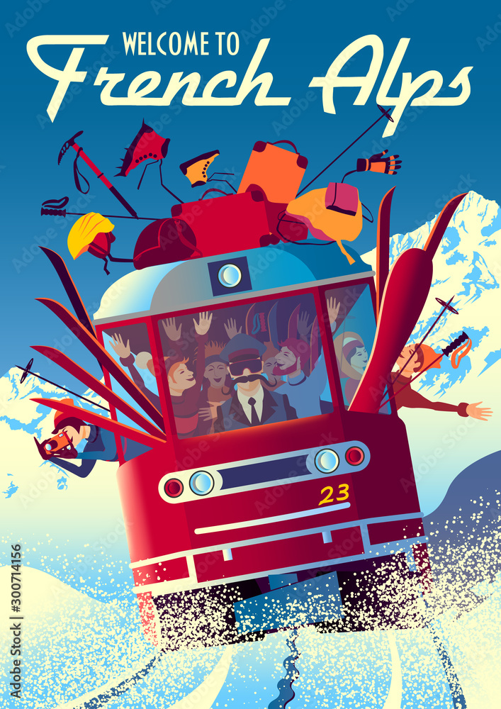 French Alps Travel Poster with railway train in first plan and ...