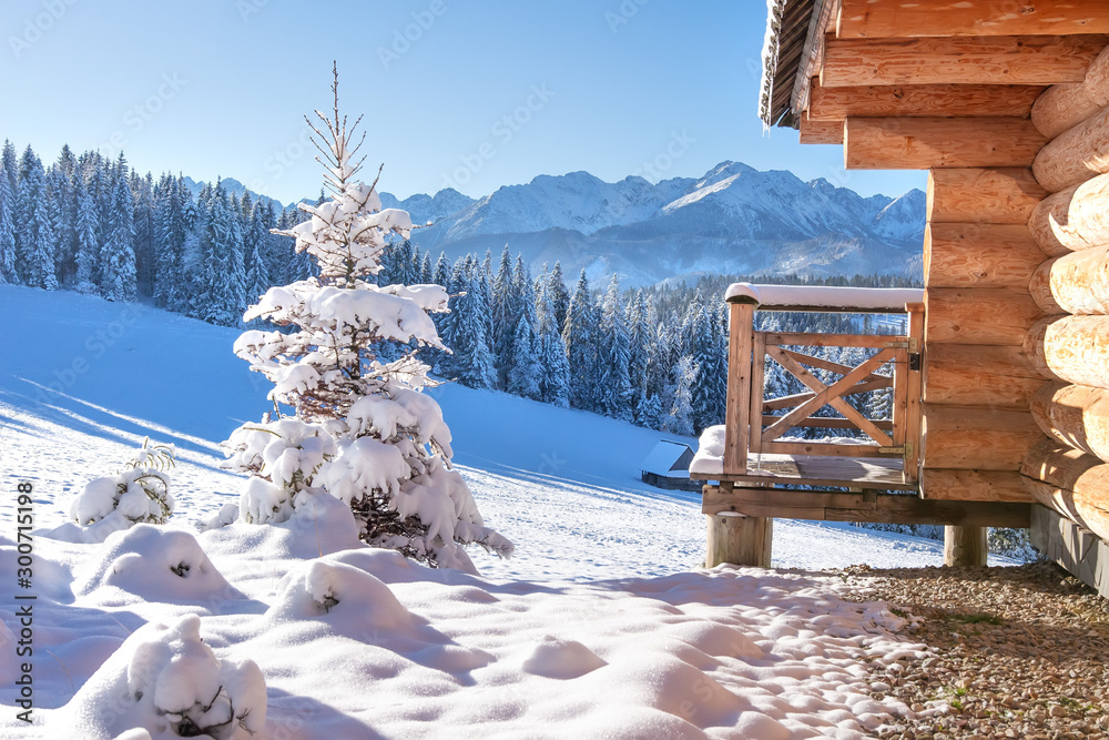 Skiing resort in snowy mountains on clear sunny day. Winter nature ...