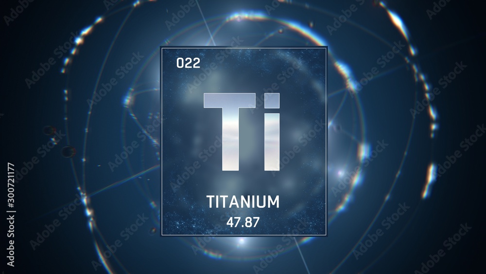 3D illustration of Titanium as Element 22 of the Periodic Table. Blue ...
